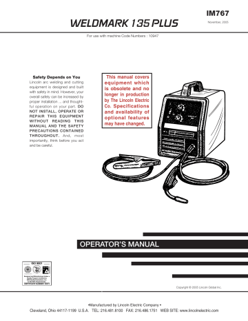 Lincoln Electric Weldmark 135 Plus - 10947 Operator Manual | Manualzz