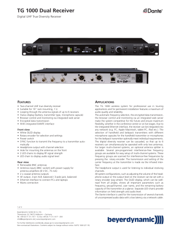Beyerdynamic TG 1000 Dual Receiver Spec Sheet | Manualzz