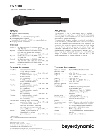 Beyerdynamic TG 1000 Handheld Transmitter Spec Sheet | Manualzz