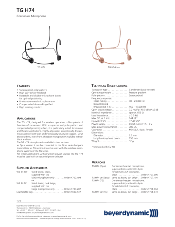 Beyerdynamic TG H74 Spec Sheet | Manualzz