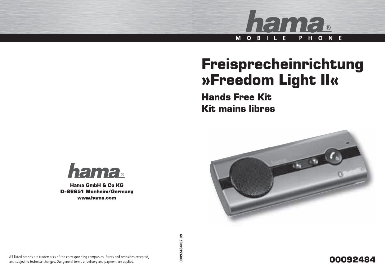 Hama 00092484 "Freedom Light II" Hands-Free System Bedienungsanleitung ...