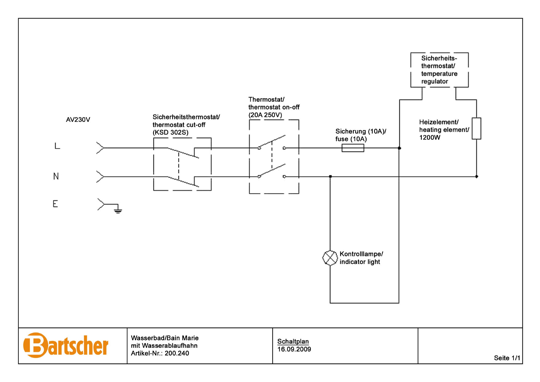 Bartscher 200240 Bain Marie, 1/1GN, 150mm, w. faucet Wiring Diagram ...