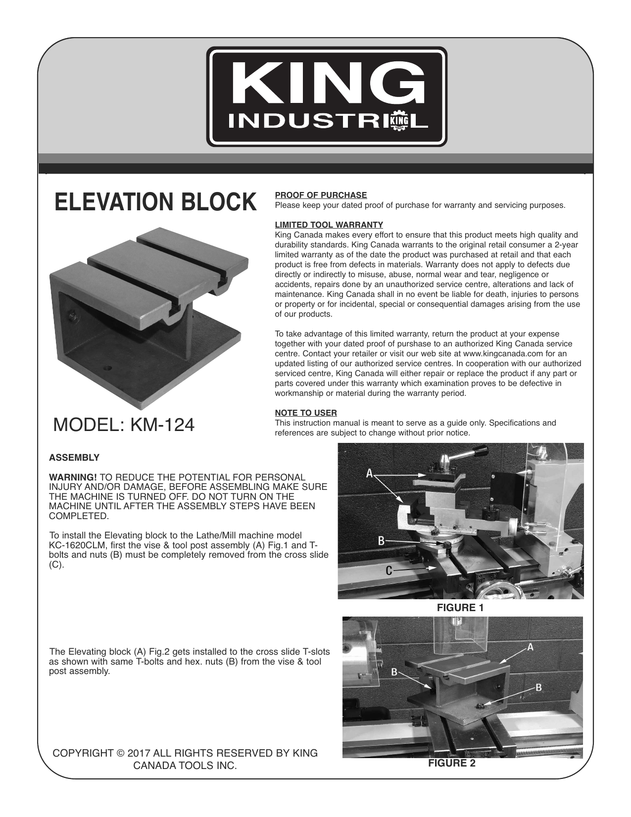 King Canada KM-124 ELEVATING BLOCK FOR KC-1620CLM Instruction Manual ...