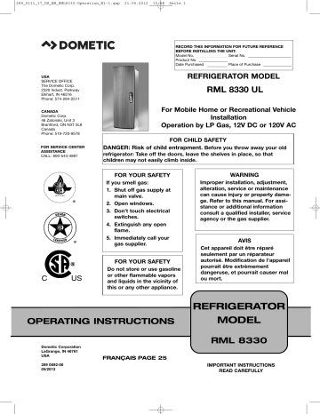 Dometic RML 8330 Absorber refrigerator Operating manual | Manualzz