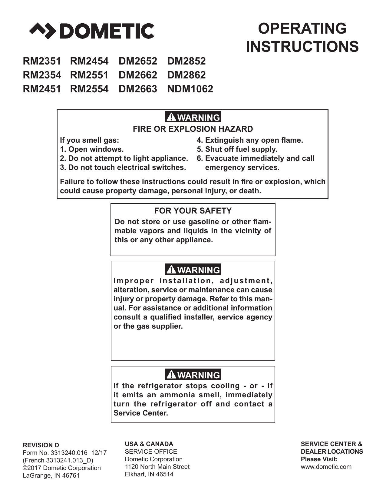 Dometic RM2351 RM2354 RM2451 RM2454 RM2551 RM2554 DM2652 DM2662 DM2663 ...