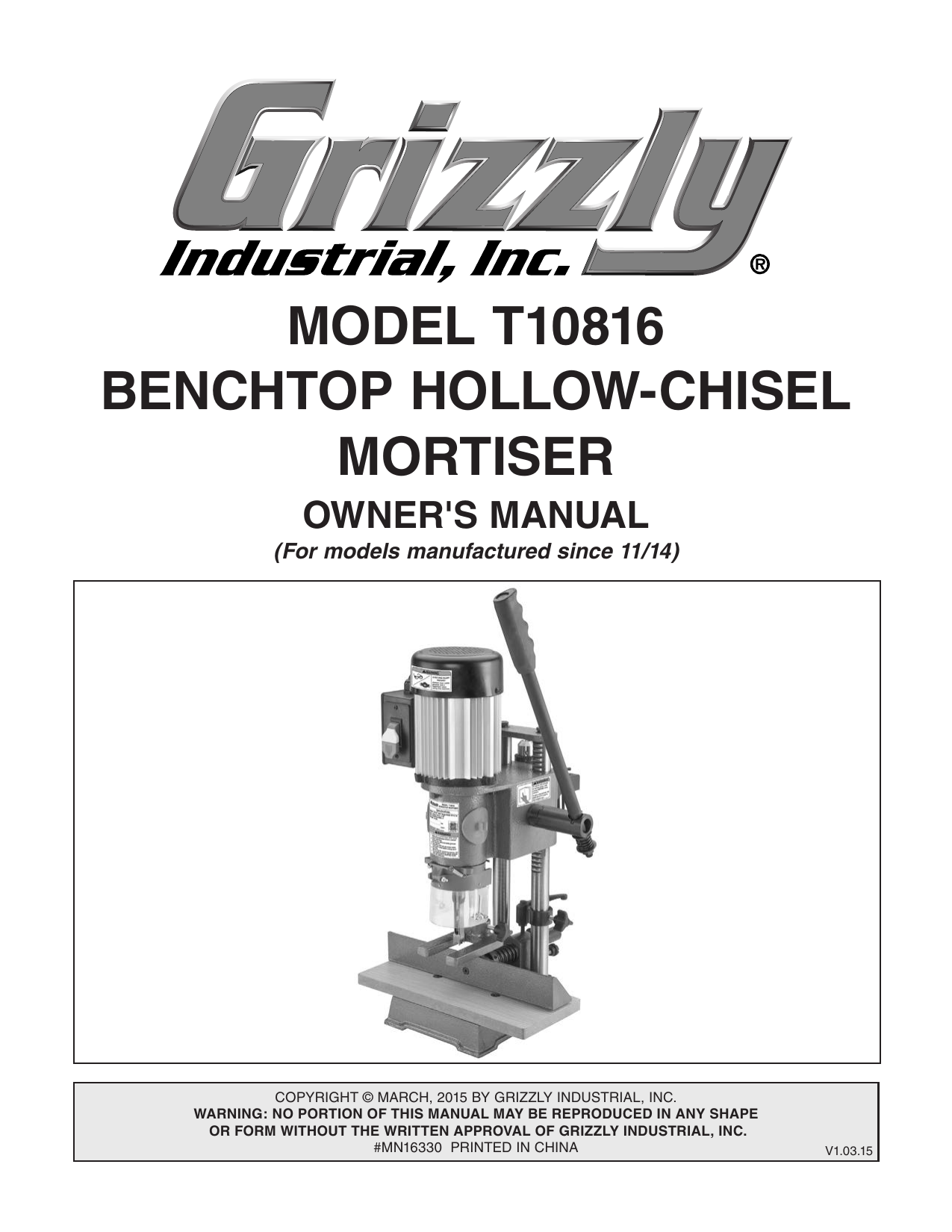 Grizzly T10816 Benchtop Hollow-Chisel Mortiser Owner Manual | Manualzz
