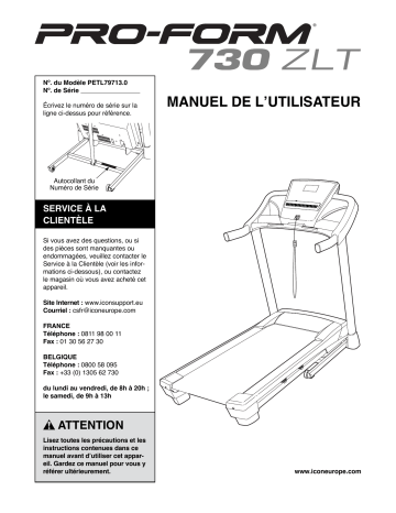 ProForm 730 ZLT TREADMILL Manuel utilisateur | Manualzz