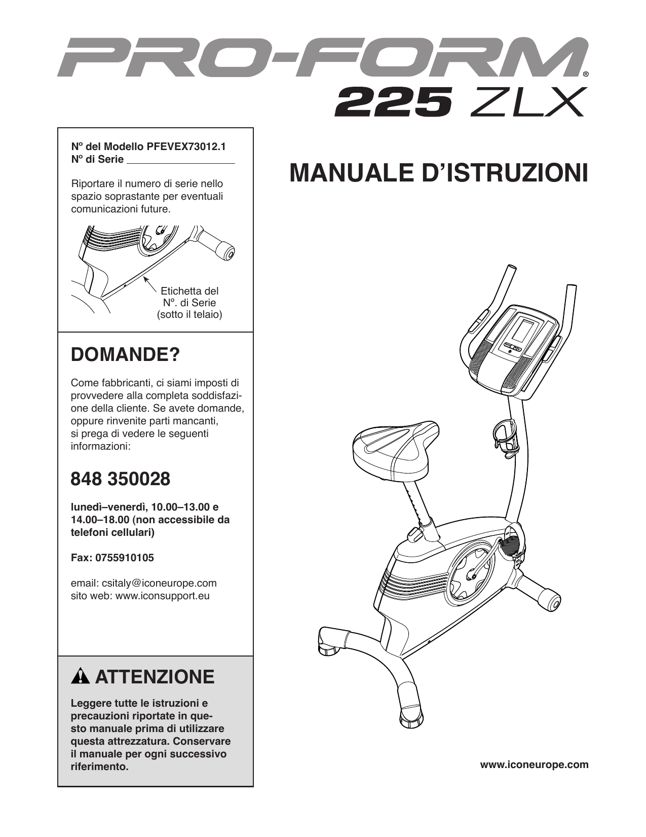 ProForm PFEVEX73012 225 ZLX BIKE Manuale utente | Manualzz