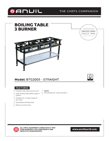 Anvil BTG2003 Boiling Table Specification Sheet | Manualzz