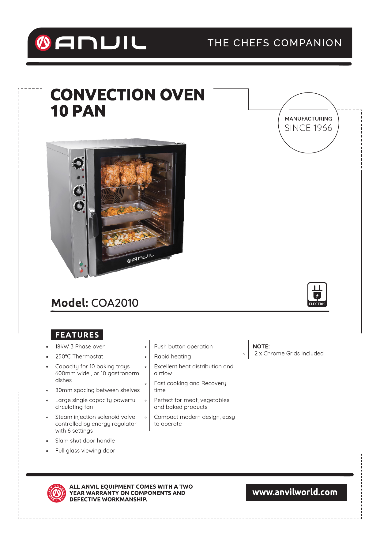 Anvil COA2010 Convection Oven Specification Sheet | Manualzz
