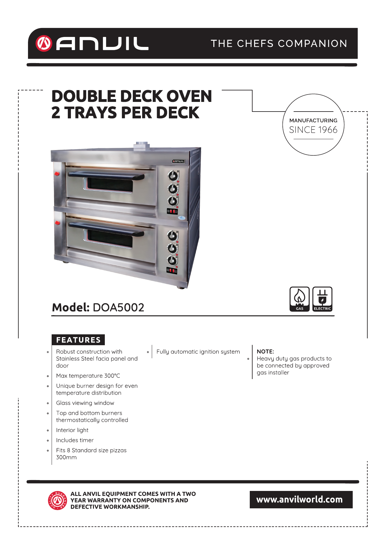 Anvil DOA5002 Deck Oven Specification Sheet | Manualzz