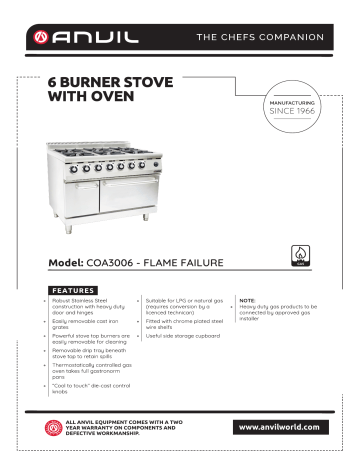 Anvil COA3006 Stove with Oven Specification Sheet | Manualzz