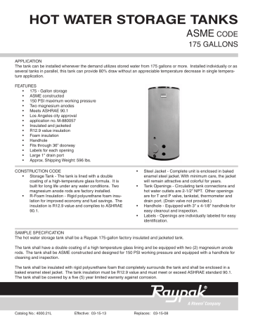 Raypak 175 Gallon ASME Code Tank Data Sheet | Manualzz