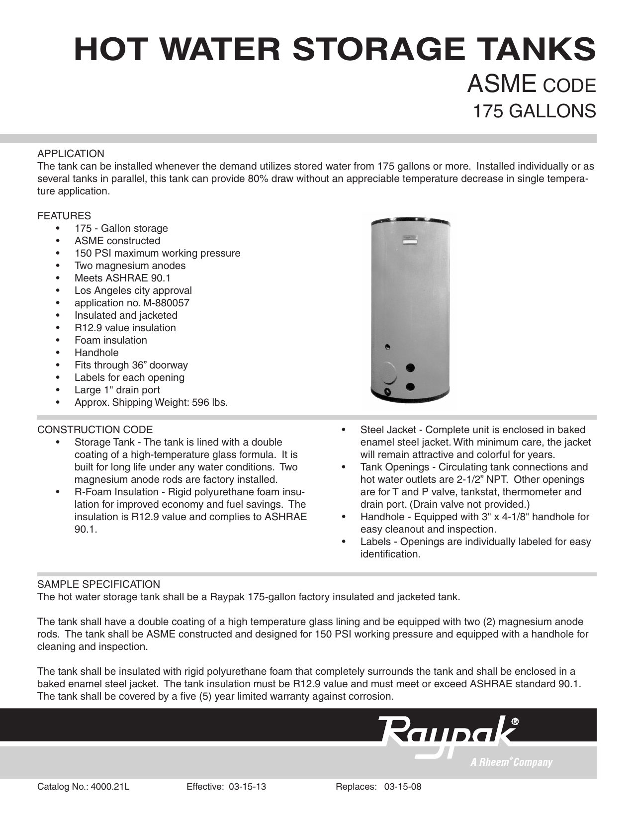 Raypak 175 Gallon ASME Code Tank Datasheet | Manualzz