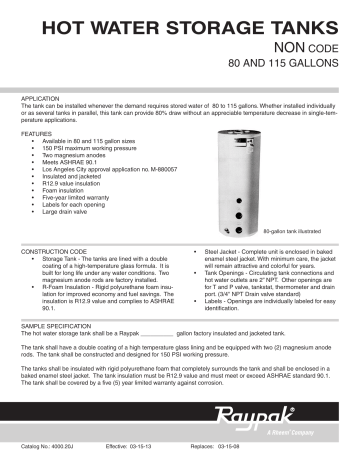 Raypak 80 & 115 Gallon Non-Code Tank Data Sheet | Manualzz
