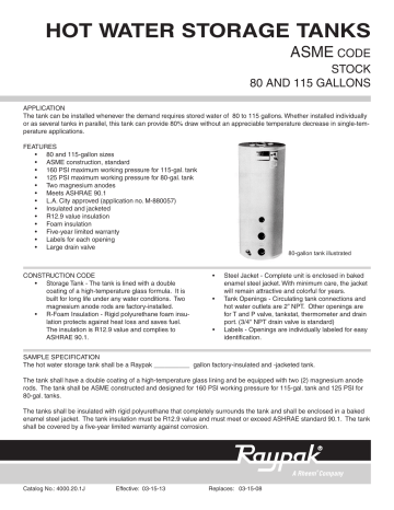 Raypak 80 & 115 Gallon Tank ASME Code Data Sheet | Manualzz