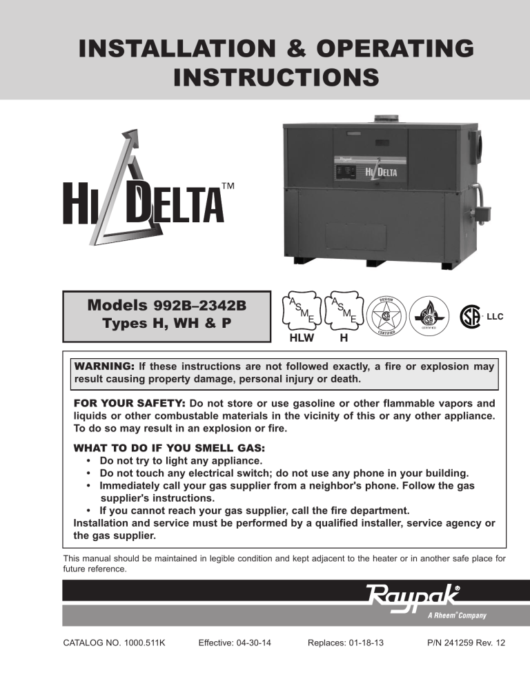 Raypak Hi Delta 992B-2342B Operating instructions | Manualzz