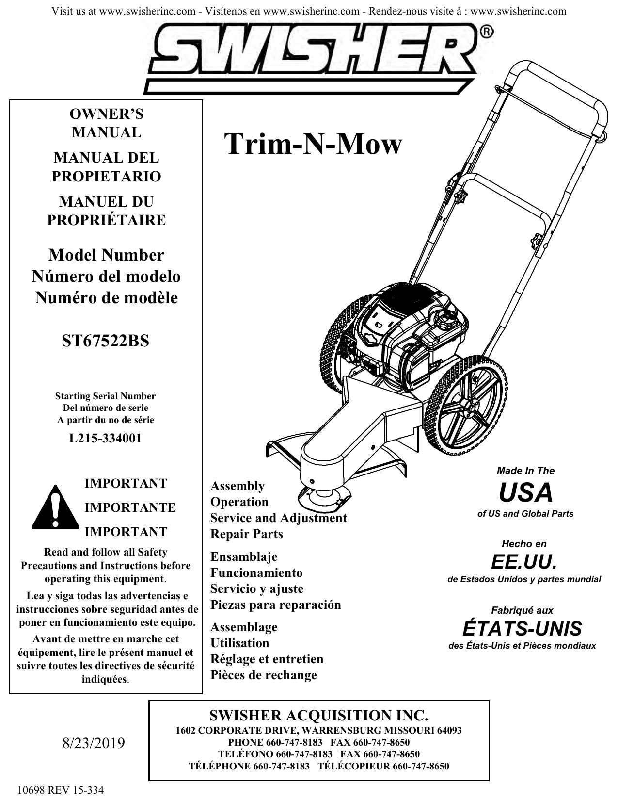 Swisher ST67522E-TSC String Trimmer Owner Manual | Manualzz