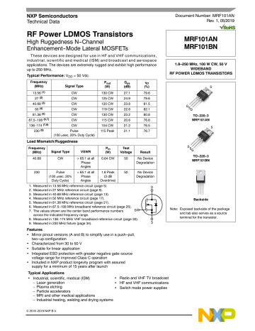 NXP MRF101AN 100 W CW over 1.8-250 MHz, 50 V Wideband RF Power LDMOS ...