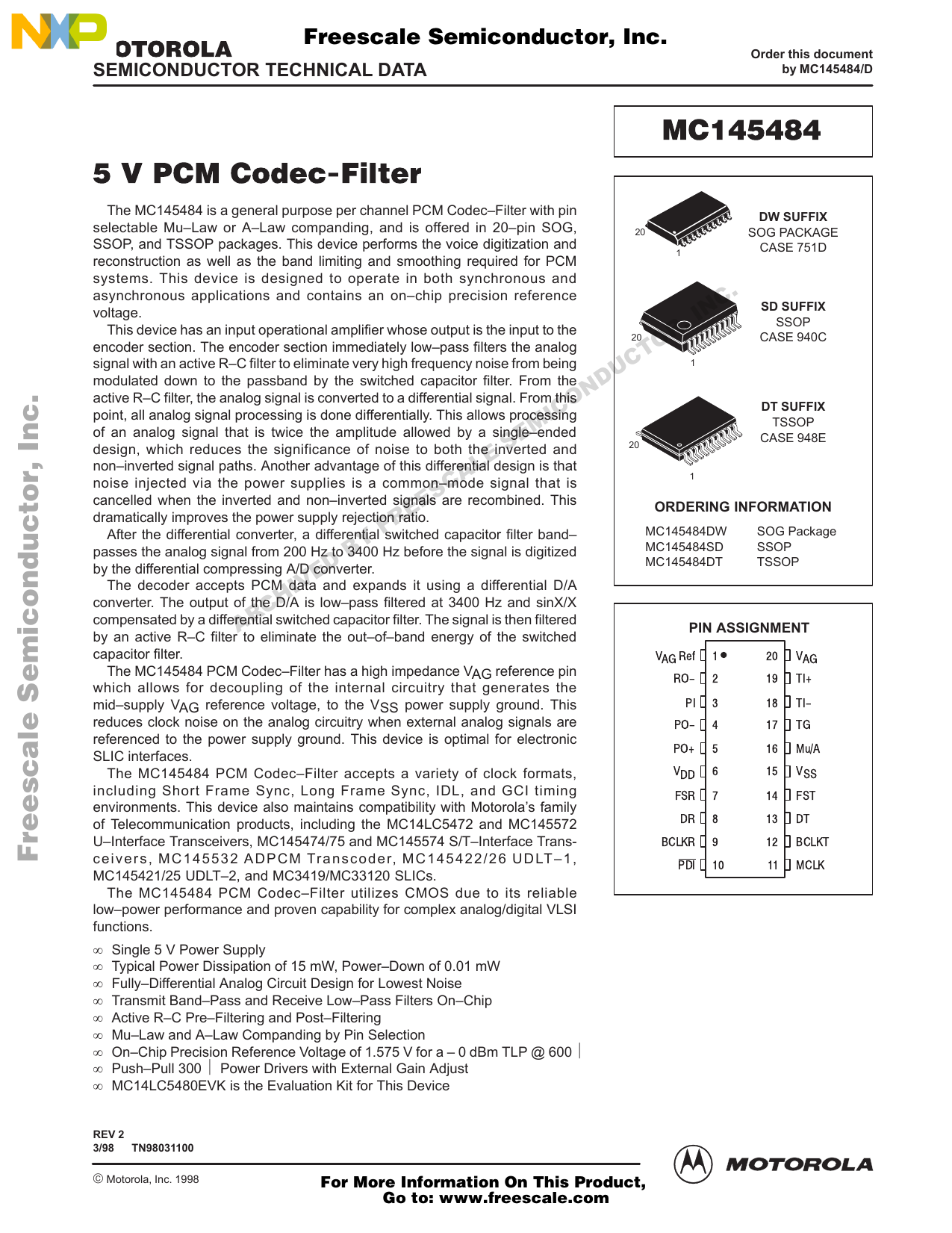 NXP MC145554 PCM Codec-Filter Data Sheet | Manualzz