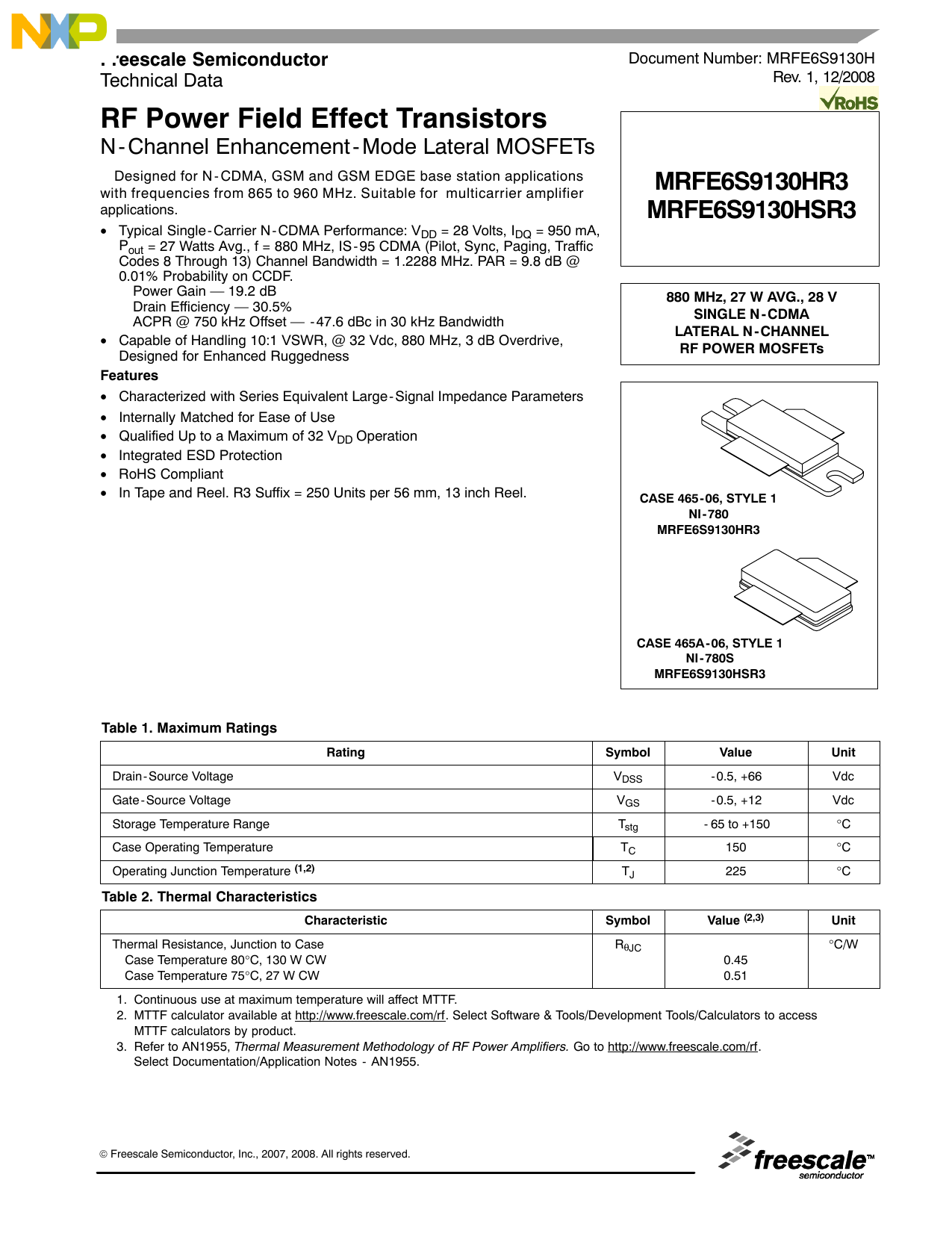 NXP MRFE6S9130H 880 MHz, 27 W Avg., 28 V, Single N-CDMA Lateral N-Channel RF Power MOSFETs Data ...