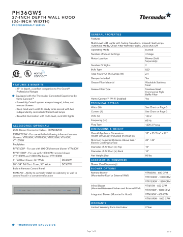 Thermador PH36GWS 36-Inch Pro Wall Hood Specification Sheet | Manualzz