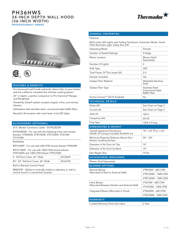 Thermador PH36HWS 36-Inch Pro Wall Hood Specification Sheet | Manualzz