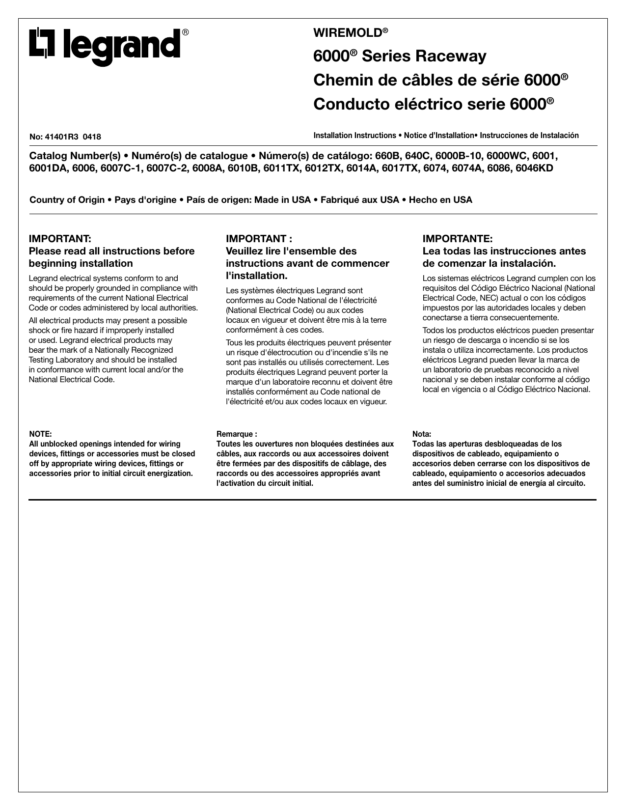 Legrand 6000 Series Two-Piece Metal Raceway Guide d'installation | Manualzz