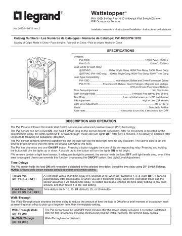 Legrand PW-100D 2-Wire/ PW-101D Universal Wall Switch Dimmer PIR ...