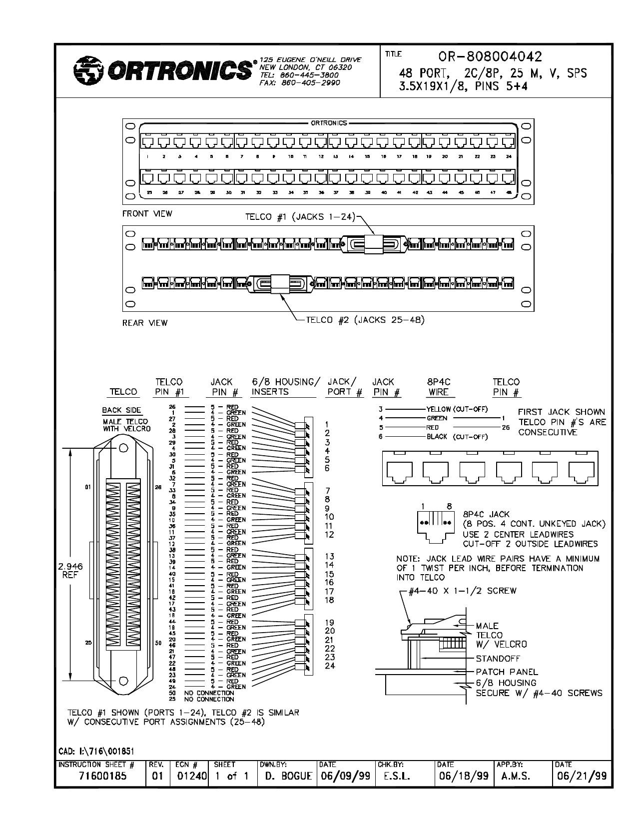 Legrand Mod 8/Telco Panel, high density, 48 ports / 4&5 / M50, OR ...