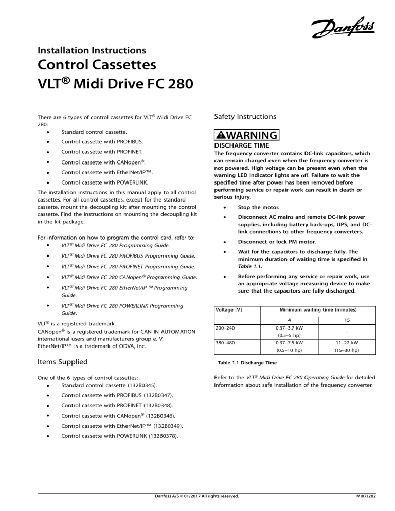 Danfoss VLT Midi Drive FC 280 Installation guide | Manualzz