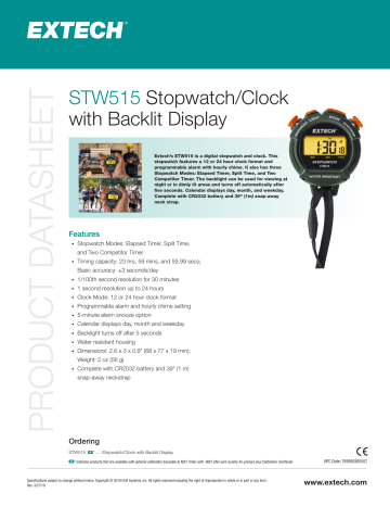 Extech Instruments STW515 Stopwatch/Clock Datasheet | Manualzz