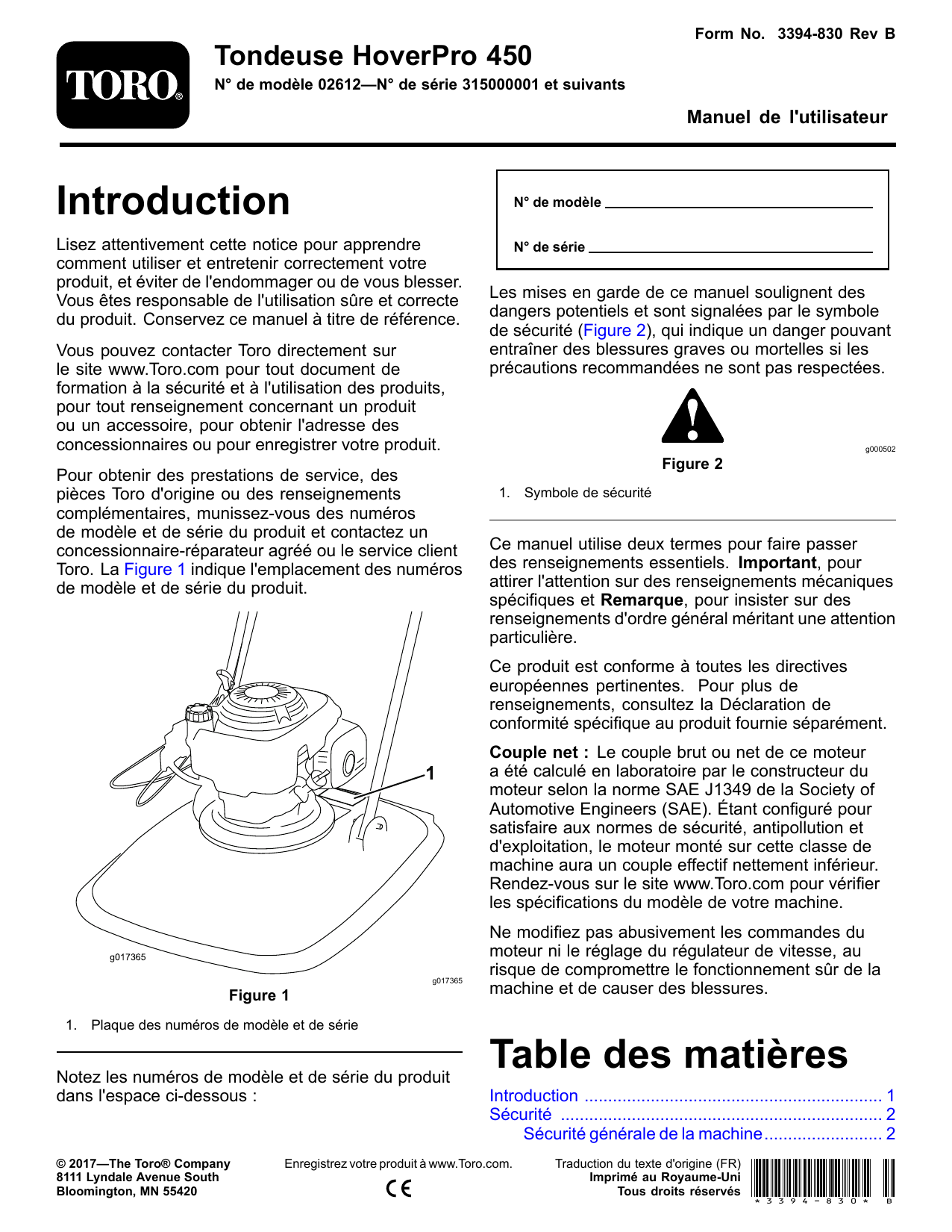 Toro HoverPro 450 Machine Walk Behind Mower Manuel utilisateur | Manualzz