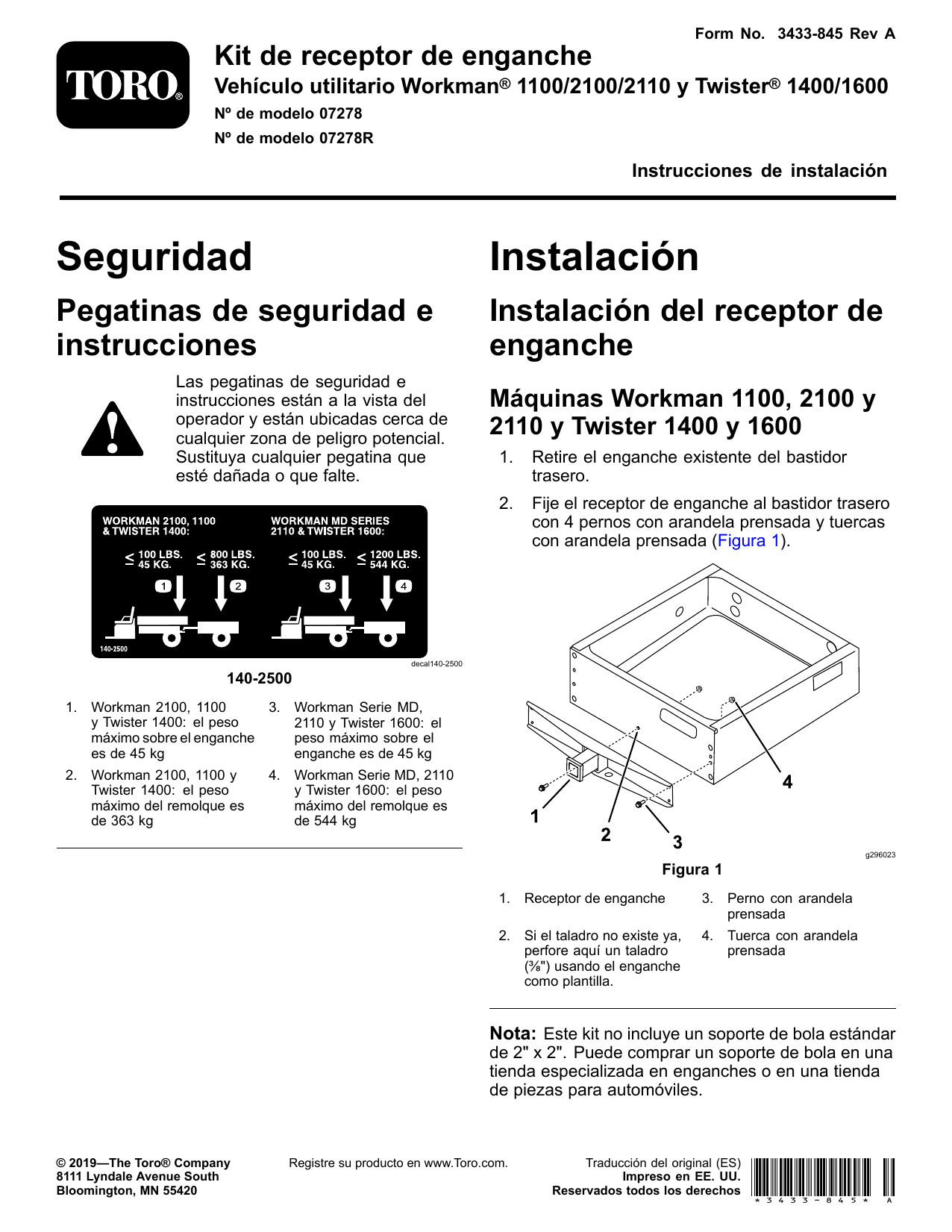 Toro Receiver Hitch Kit, Workman 1100/2100/2110 and Twister 1400/1600 ...
