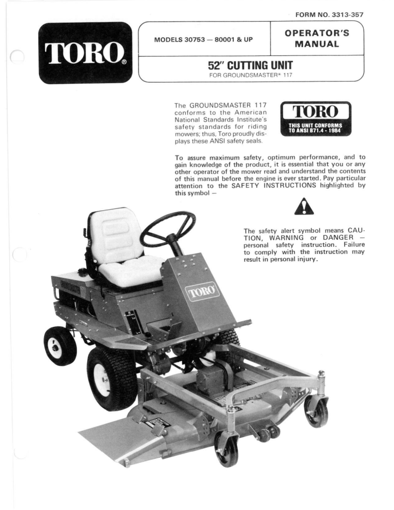 Toro 52" Side Discharge Mower, Groundsmaster 100 Series User manual ...