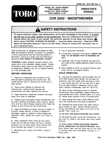 Toro CCR 2000 Snowthrower Operator's Manual | Manualzz