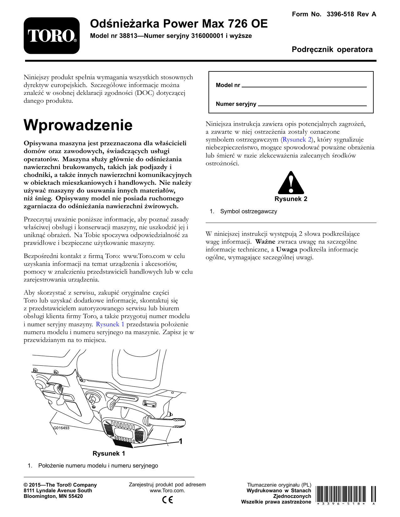 Toro Power Max 726 OE Snowthrower Instrukcja obsługi | Manualzz
