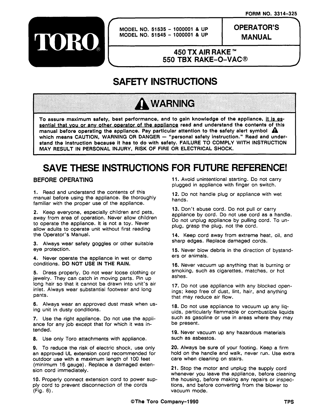 Toro 550 TBX Rake-O-Vac Blowers/Vacuum Operator's Manual | Manualzz