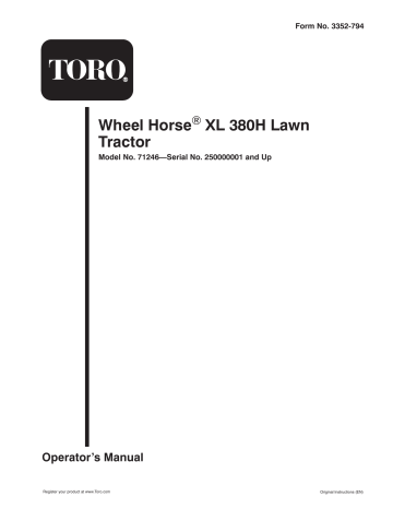 Toro XL 380H Lawn Tractor Riding Product Operator's Manual | Manualzz