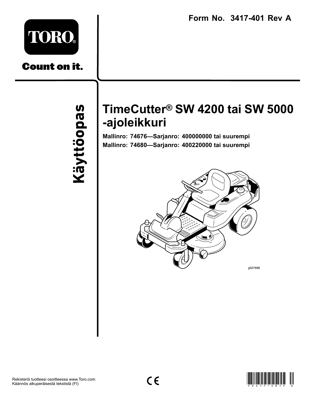 Toro TimeCutter SW 4200 Riding Mower Riding Product Kasutusjuhend ...