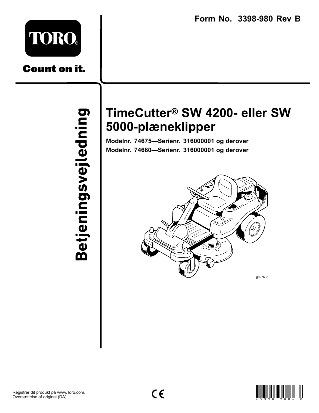 Toro TimeCutter SW 5000 Riding Mower Riding Product Brugermanual | Manualzz