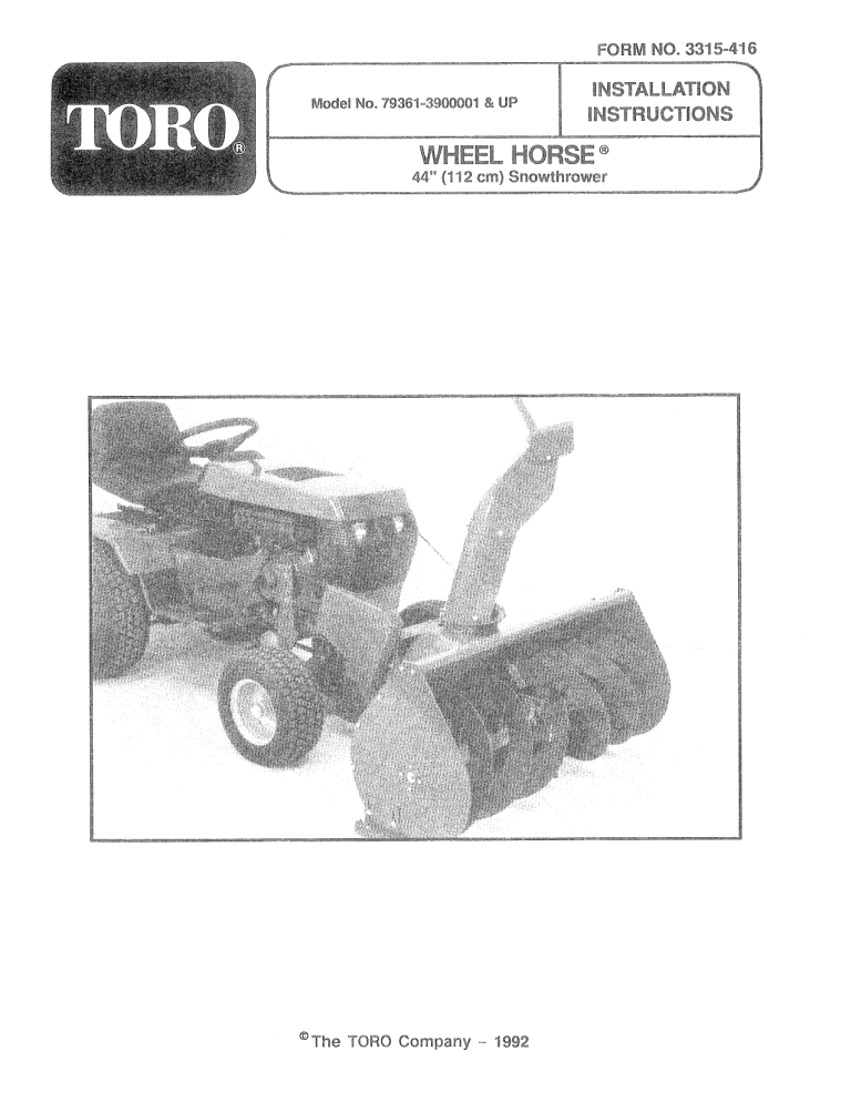 Toro 44" Two-Stage Snowthrower, 300 Series Garden Tractors User manual ...