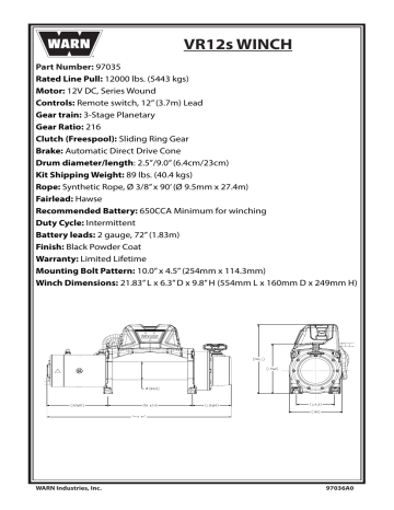 Warn VR12-S 12,000 lb. Winch Product information | Manualzz