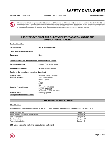 Chemically Treated Lumber ProWood CA-C Safety Data Sheet | Manualzz