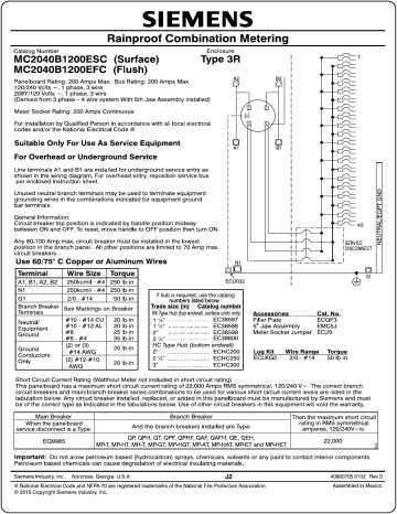 Siemens MC2040B1200EFC 200 Amp 20-Space 40-Circuit Overhead/Underground ...
