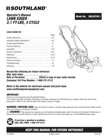 Southland 9 in. 79cc Gas Walk-Behind Edger User guide | Manualzz