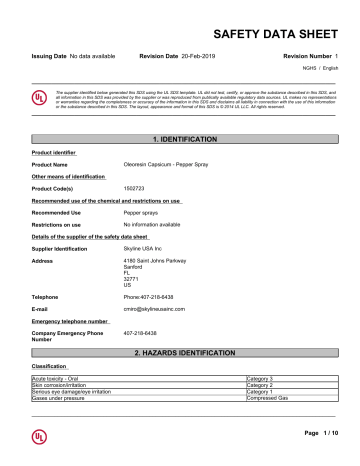 Pepper Spray Safety Data Sheet | Manualzz