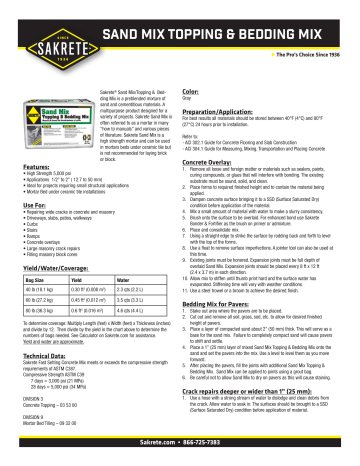 SAKRETE 65306217 60 lb. Sand Mix Installation Guide | Manualzz