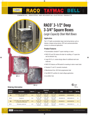 Raco 3-3/4 in. Square Welded Box, 3-1/2 Deep Specification | Manualzz