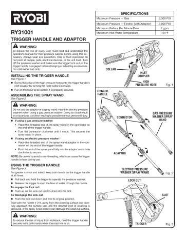 RYOBI RY31001 3,300 PSI Pressure Washer Trigger Gun Kit Use and Care ...